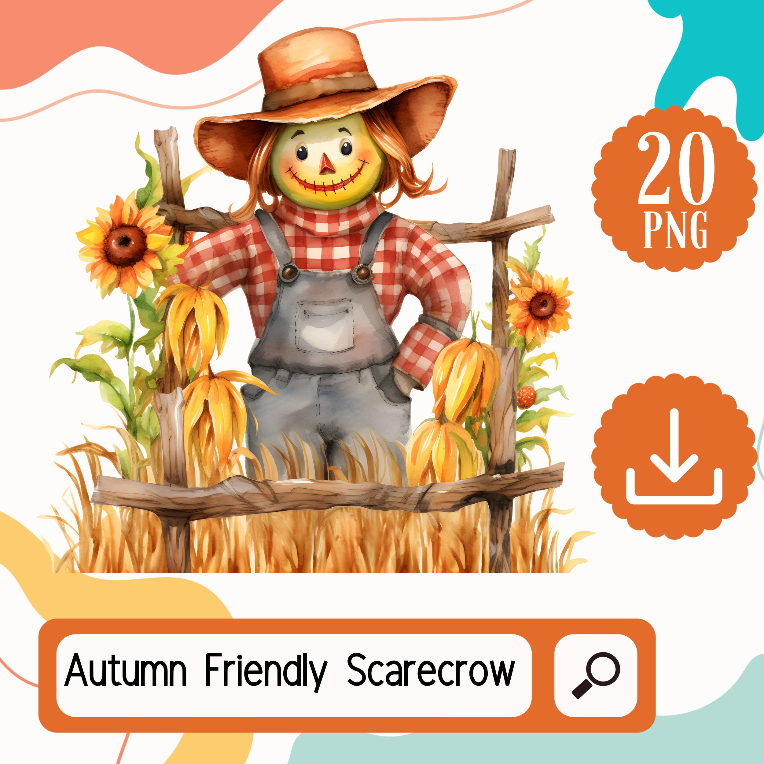 Autumn Scarecrow Clipart. 20 Fall Watercolor Scarecrow PNG Set ...