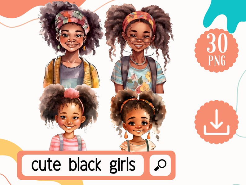 Black Girls Kids Clipart PNG Bundle, 30 Black Girls, Unique Black Skin ...