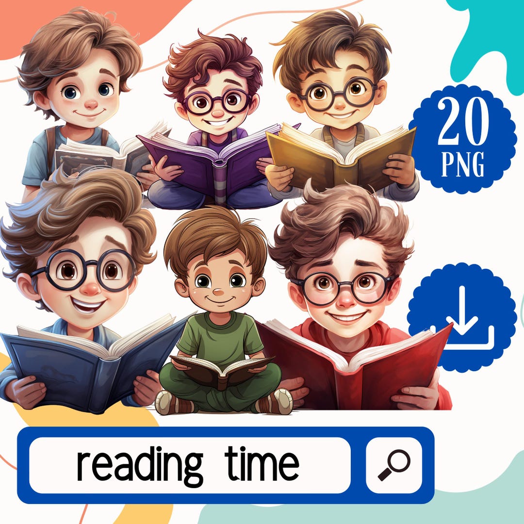 Boys Reading Books Clipart. 20 PNG Bookworm Boys Png. Boys Png Digital ...