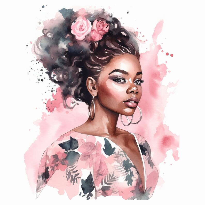 Pink Pretty Black Girls Clipart PNG. Cute Watercolor Black Doll Girls ...