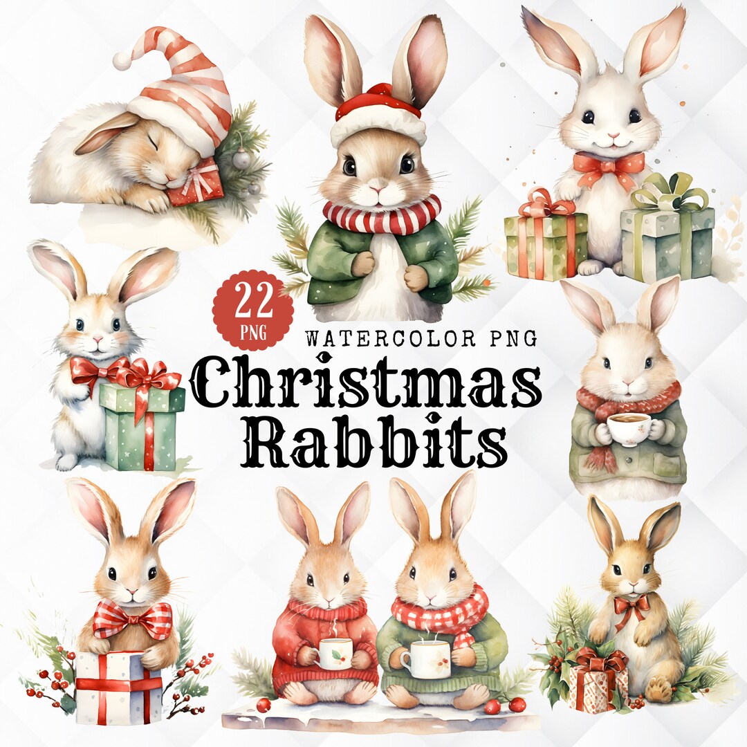 Watercolor Christmas Rabbit Clipart. 23 Winter Christmas Rabbit PNG ...