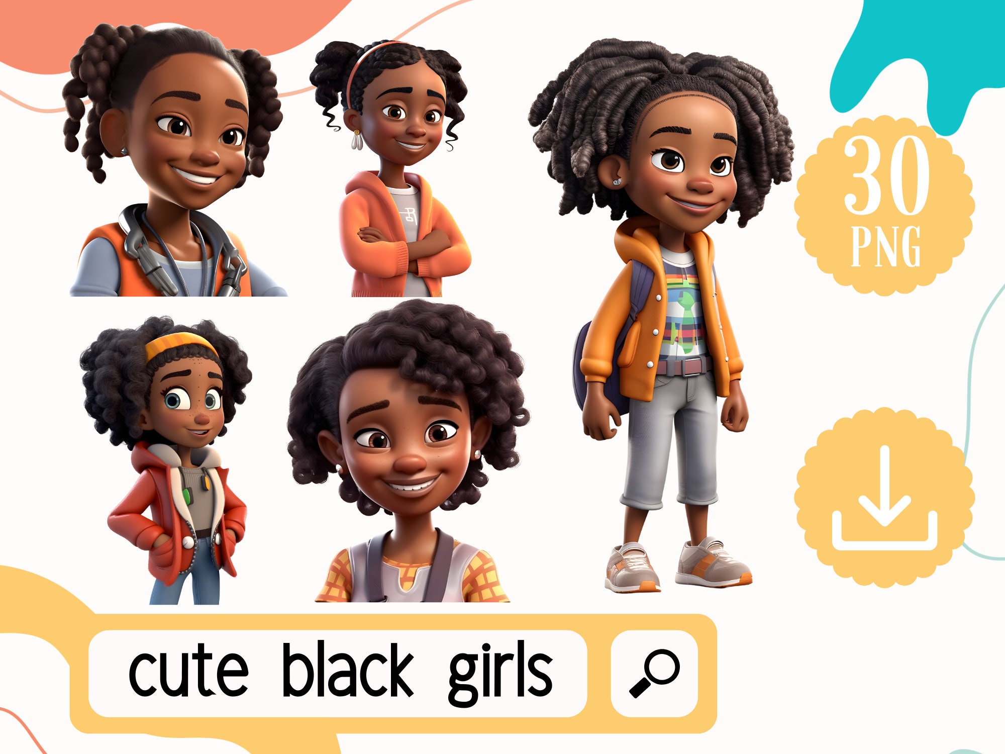 Black Cute Girls Bundle Clipart PNG - Etsy