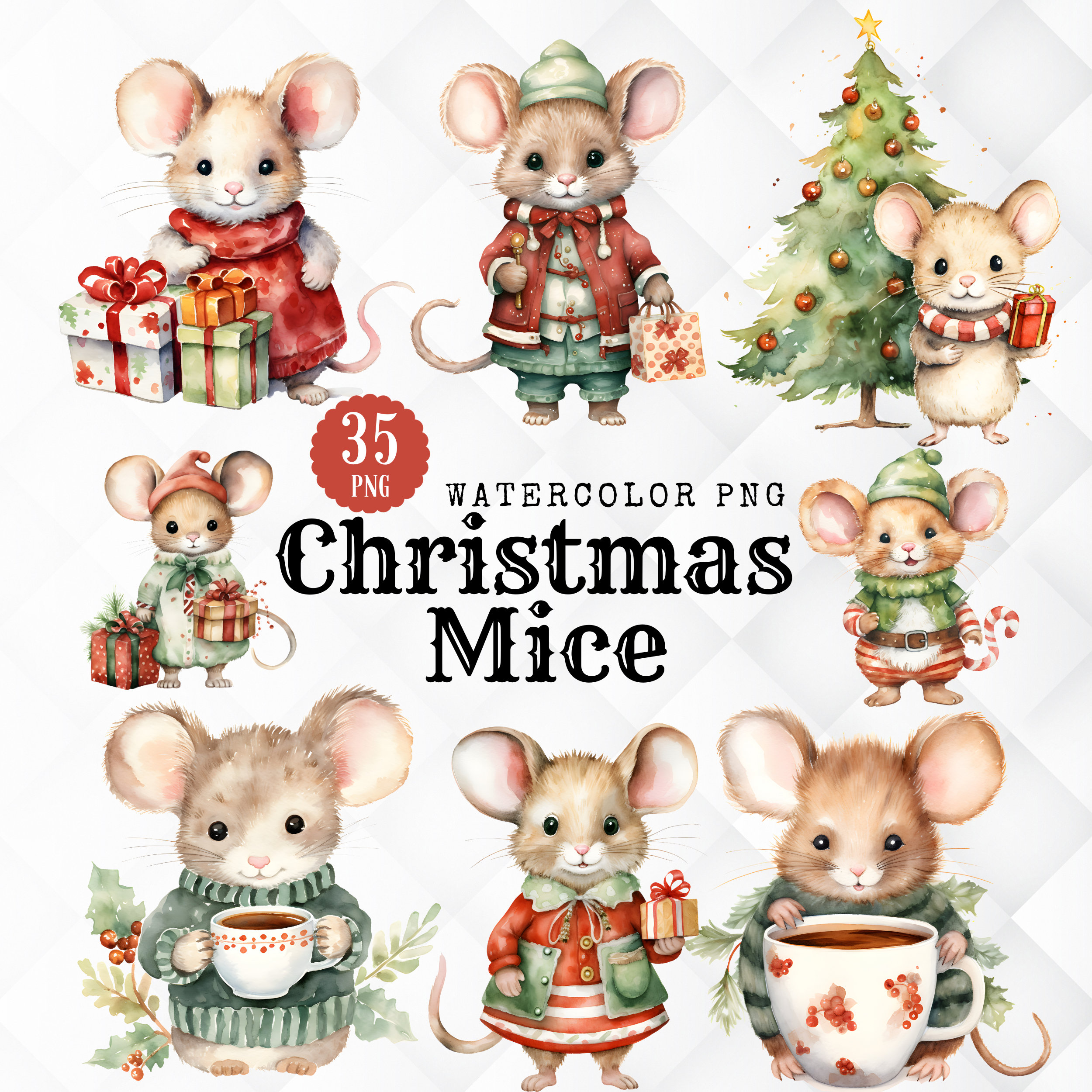 Watercolor Christmas Mice Clipart. 35 Christmas Mice PNG. Cute - Etsy