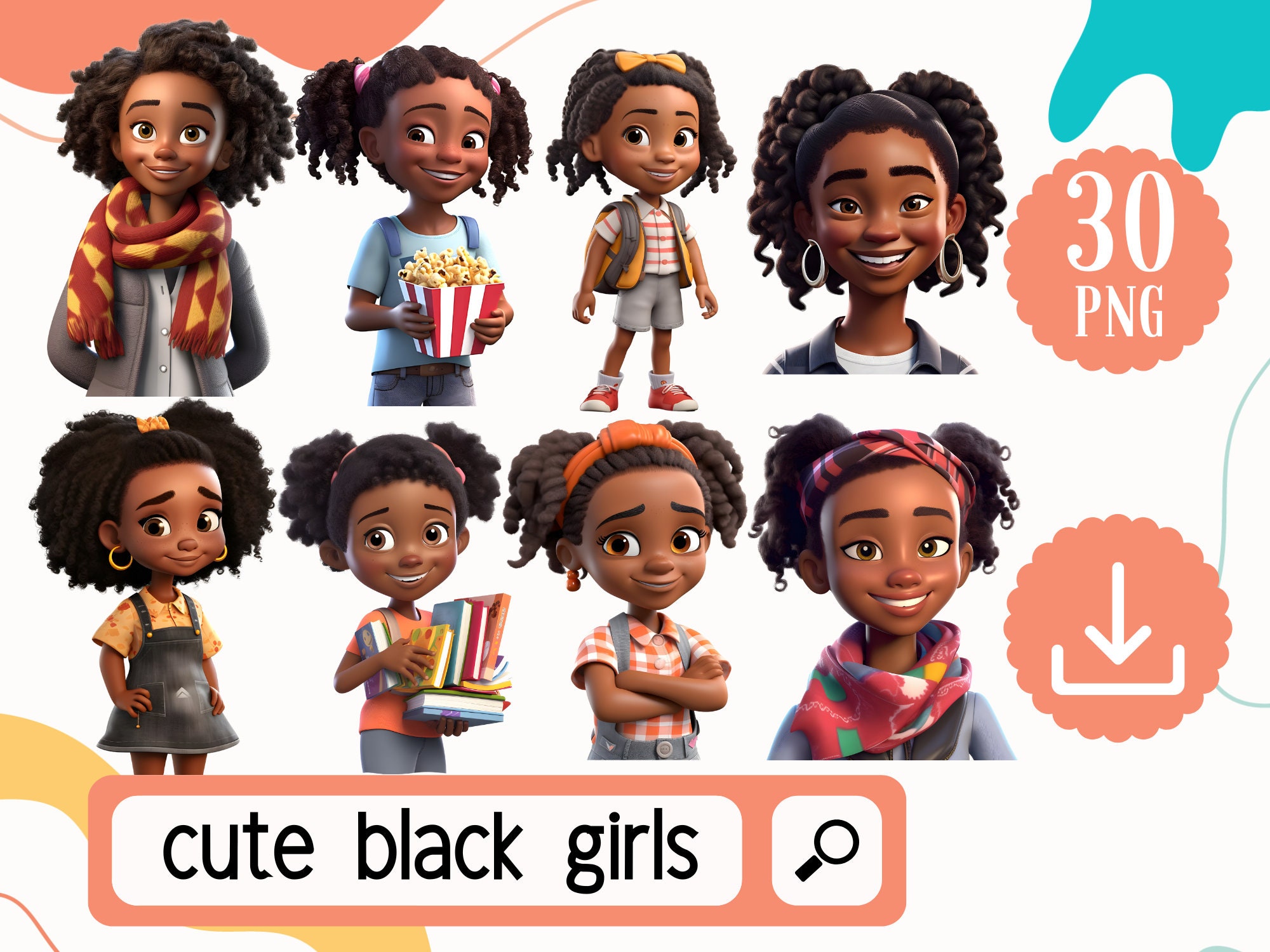 Black Cute Girls Bundle Clipart PNG - Etsy