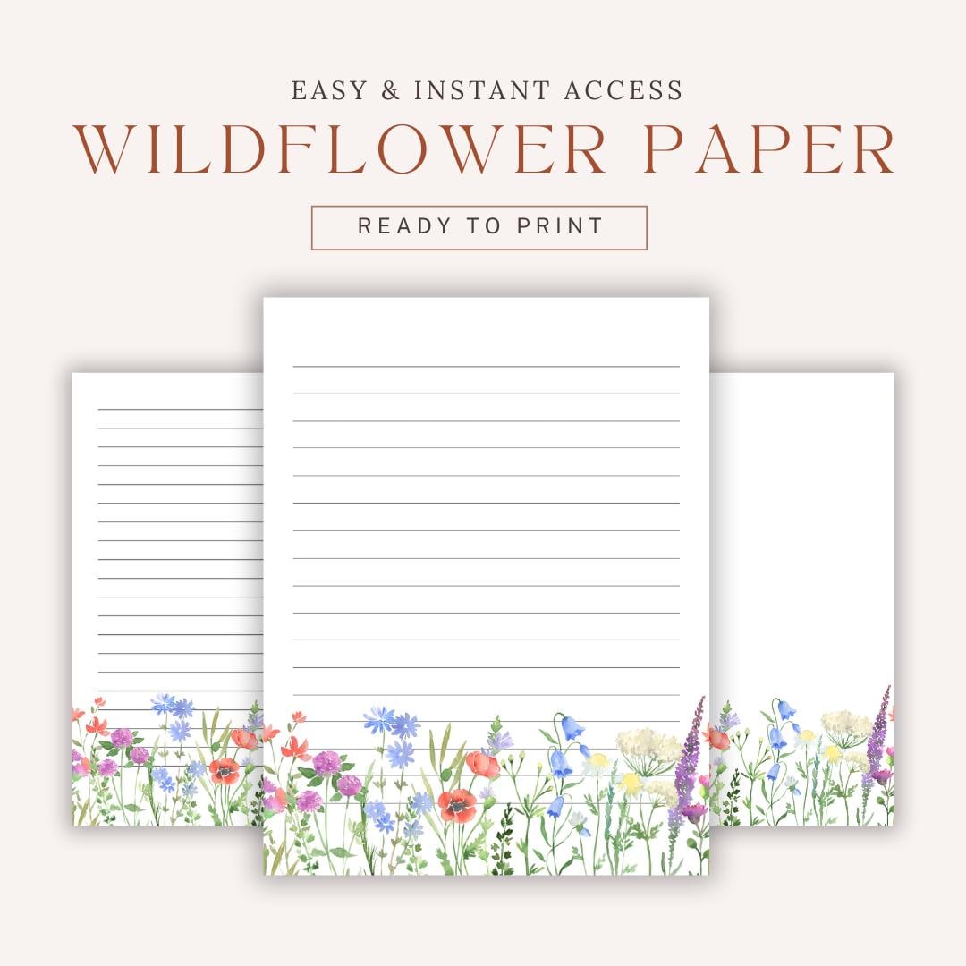 Printable Lined Paper With Wildflowers. Beautiful Watercolor Floral ...