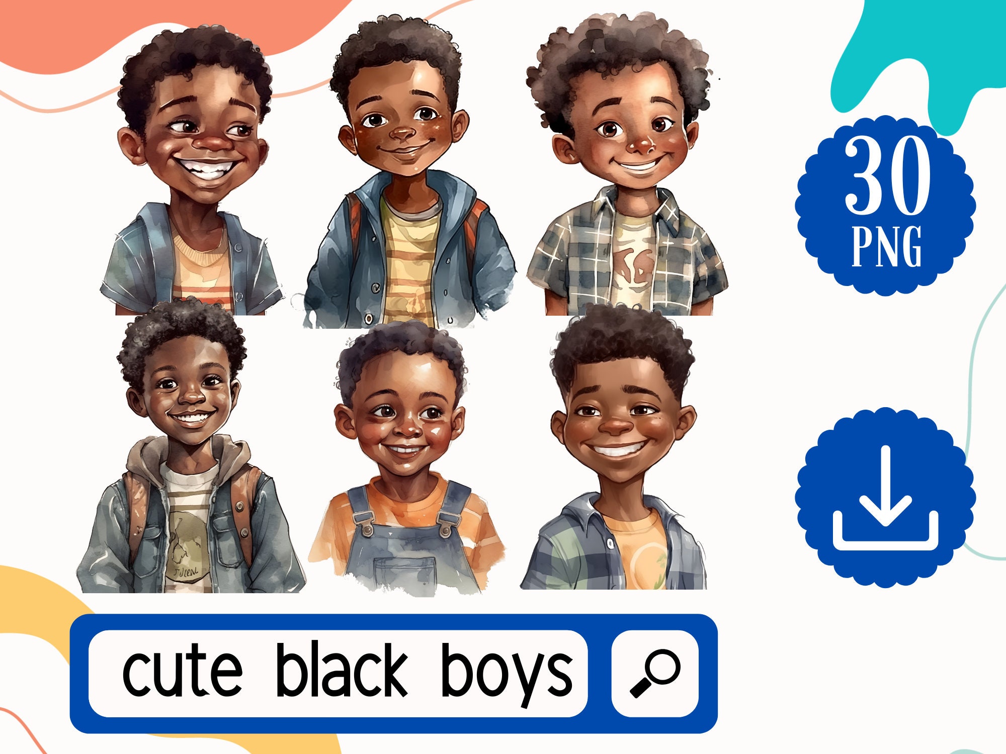 Black Boys Kids Clipart PNG Bundle, 30 Black Boys, Unique Black Skin ...