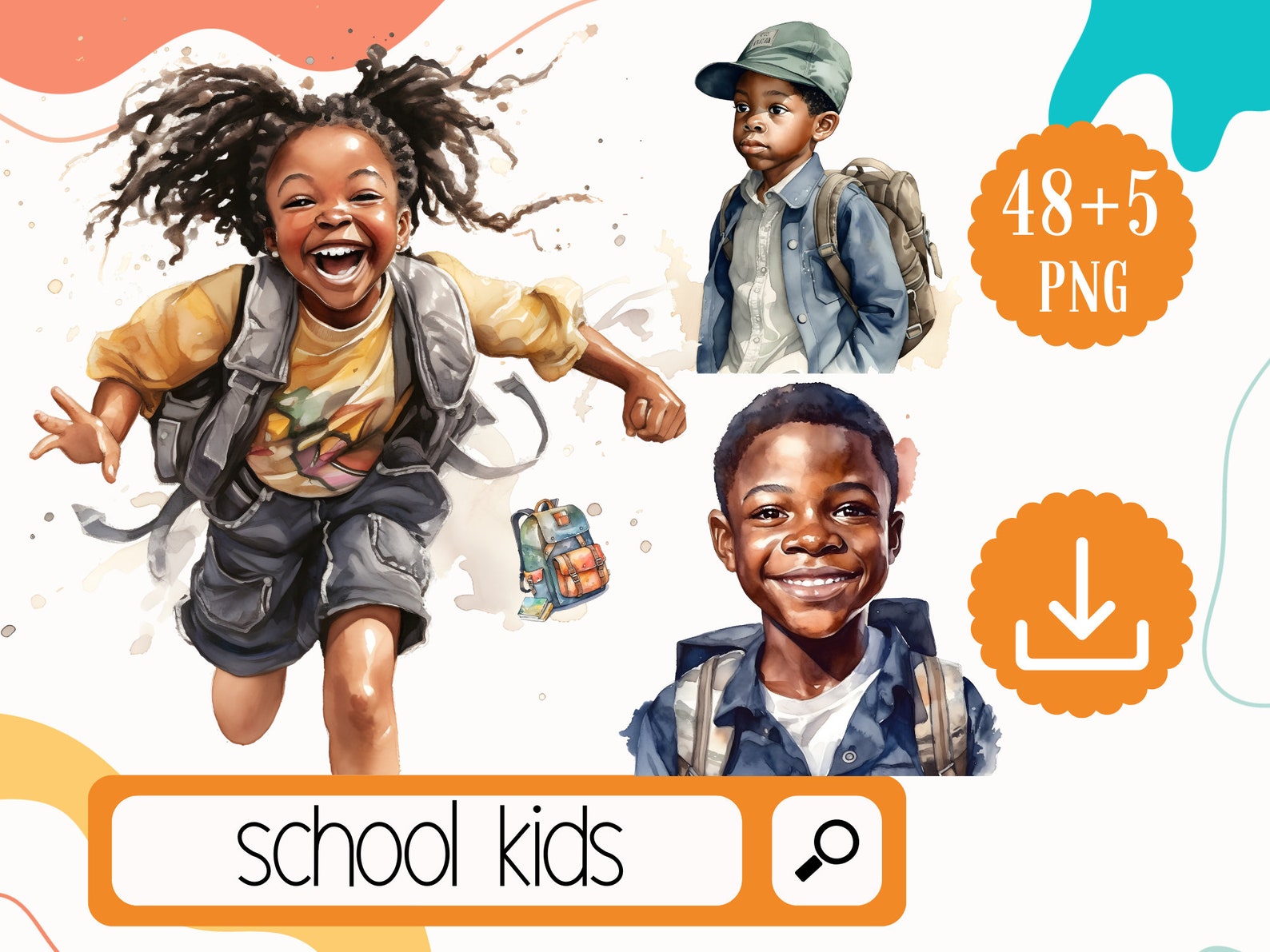 Black School Kids Clipart, Back to School Black Watercolor Girls and ...