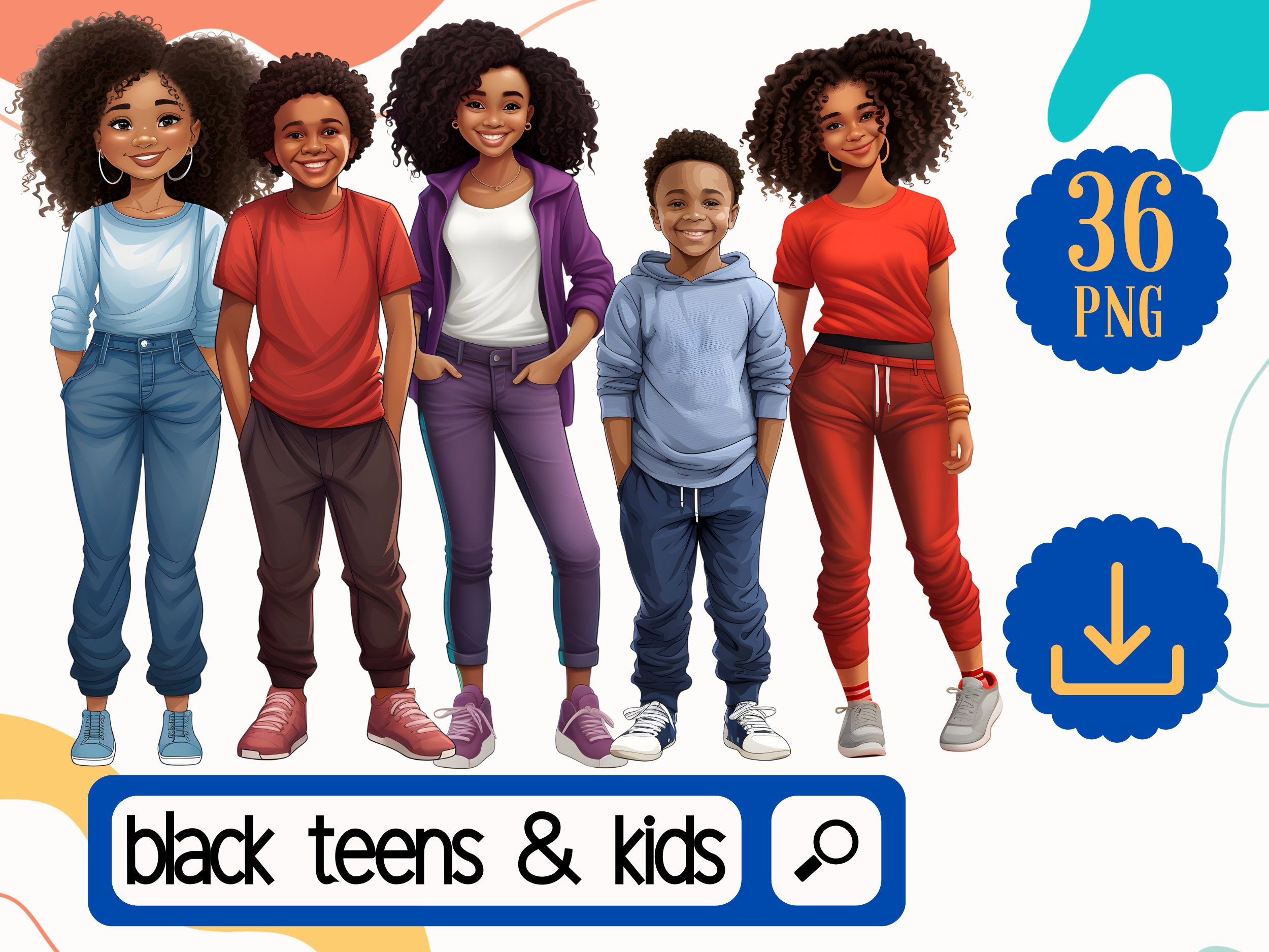 Black Kids and Teens Clipart. 36 Afircan American PNG Kids. Black Girls ...