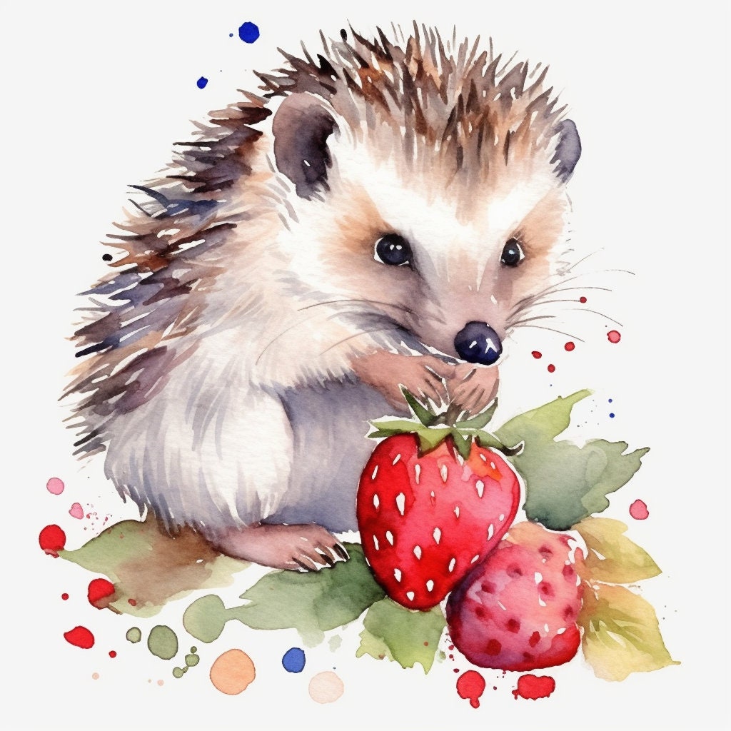 Hedgehog Eating Strawberry Clipart PNG, 10 Watercolor Cute Hedgehog ...