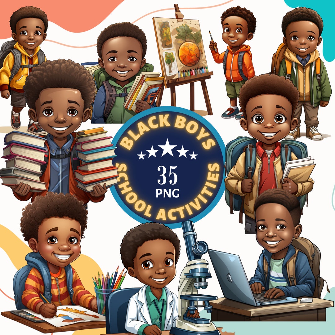 Black Boys School Activities Clipart Set - 35 PNG Black Students in ...