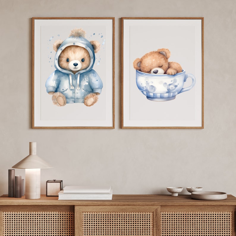 Watercolor Blue Sleepy Teddy Bear Set. 17 PNG Blue Teddy Boys Nursery ...