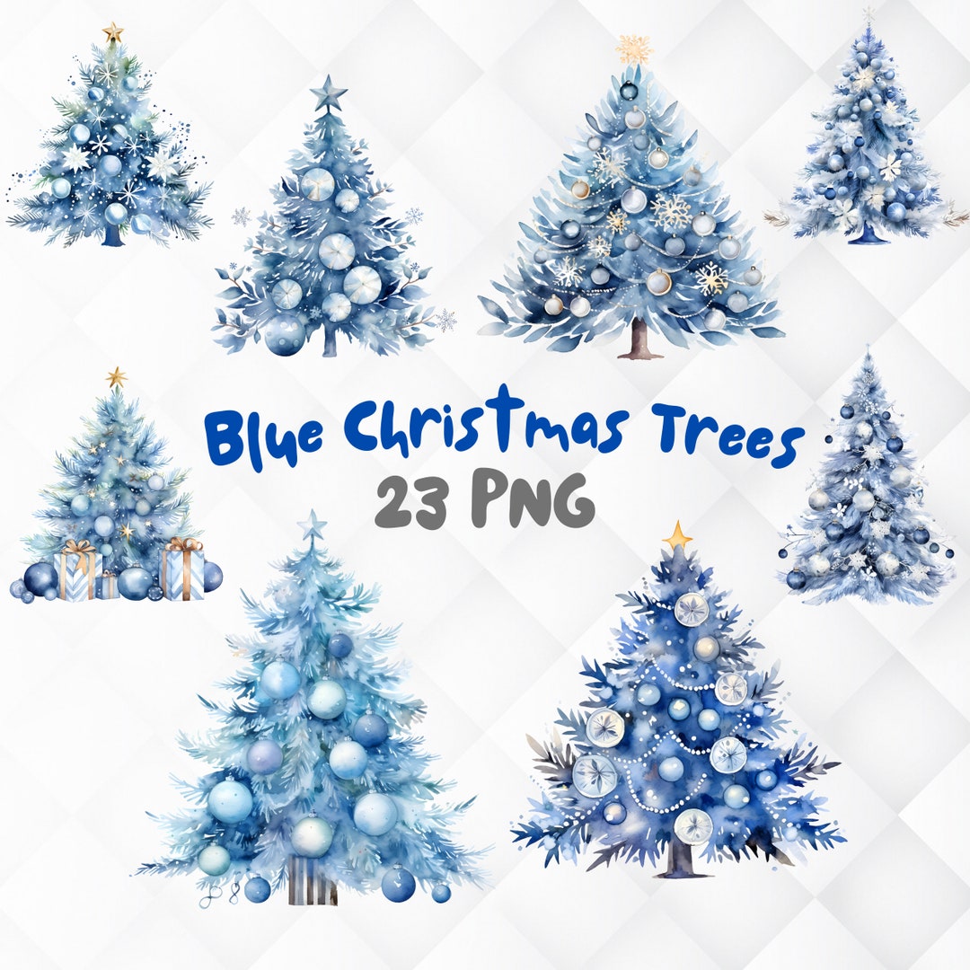 Watercolor Blue Christmas Tree Clipart. 23 PNG Decorated Christmas New ...