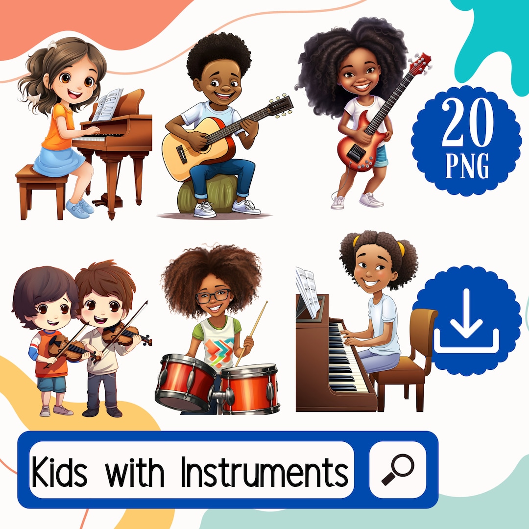 School Kids With Music Instruments Clipart Set - 20 PNG Kids Playing ...