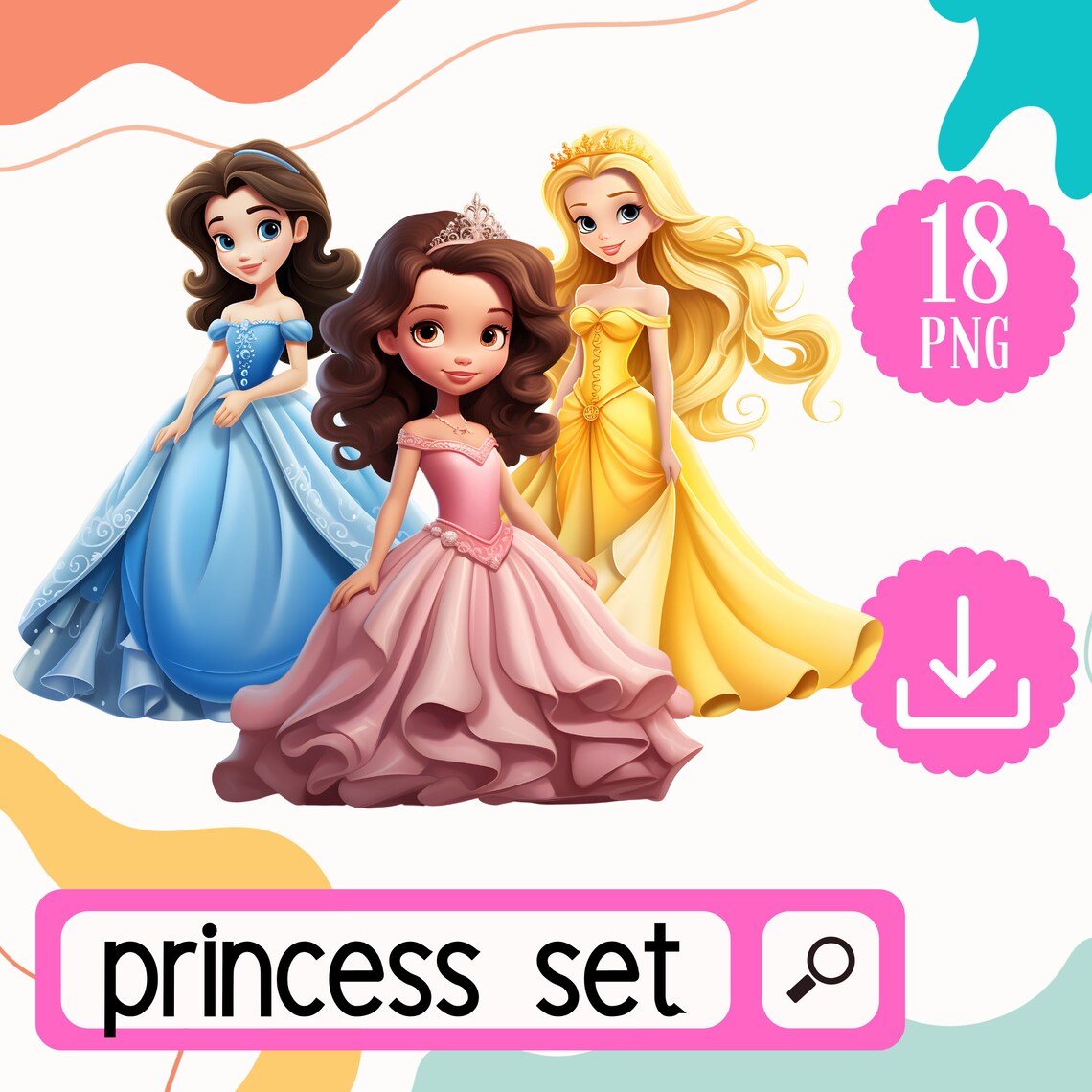 Pretty Princess Girls Clipart Set. 18 PNG Blonde and Brunette Princess ...
