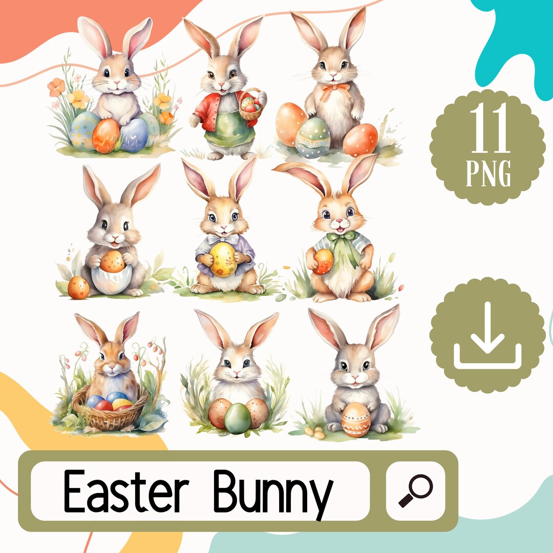 Watercolor Easter Bunny Clipart Set. 11 PNG Easter Set. Easter Eggs ...