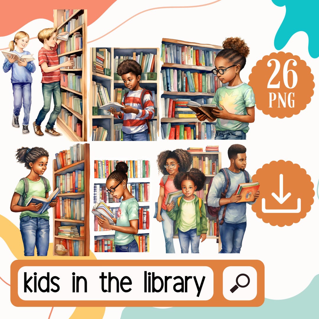 School Kids in the Library Activities Clipart Set - 26 PNG Mixture of ...