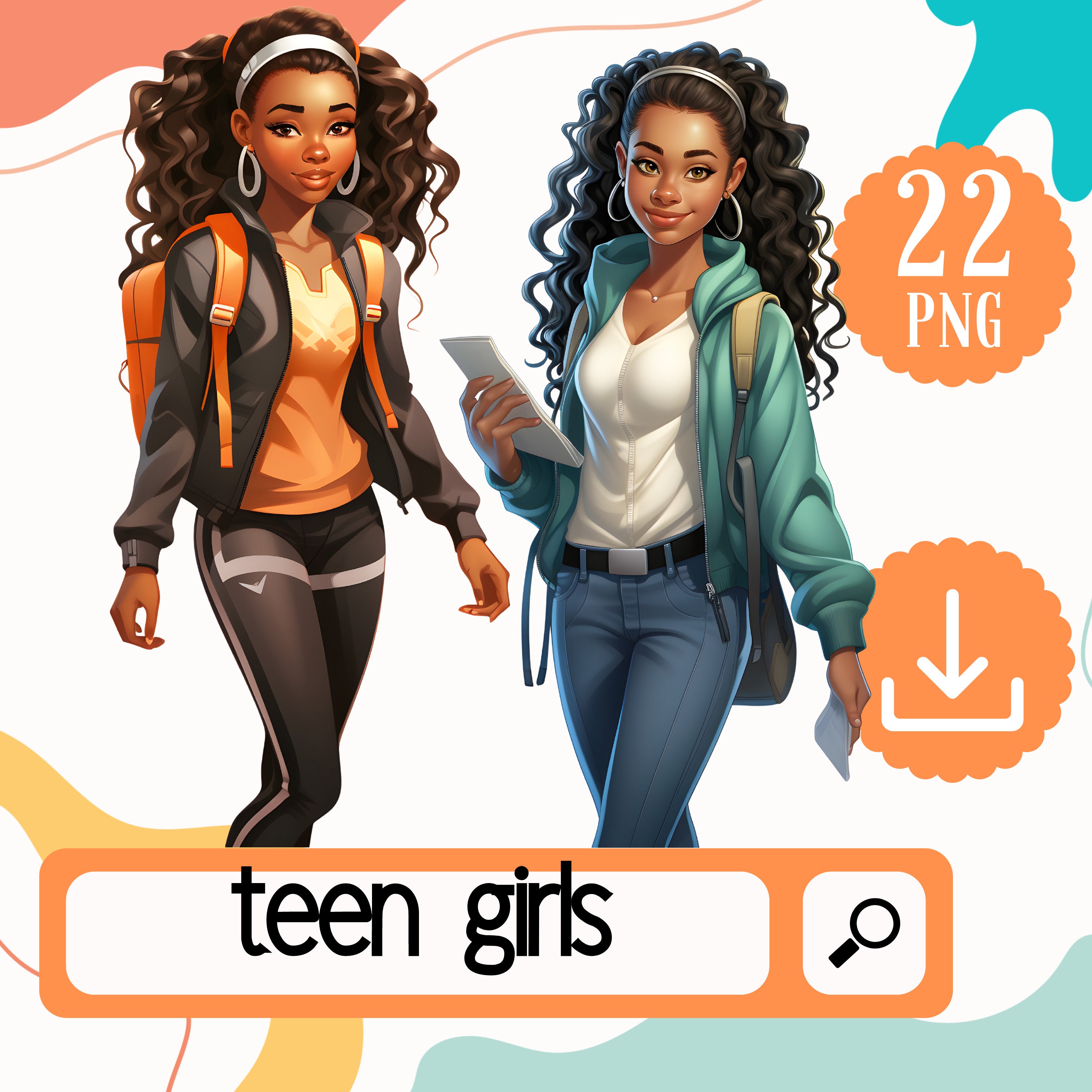 Black Teenager Girls Clipart. 22 African American Teenager Girl PNG Set ...