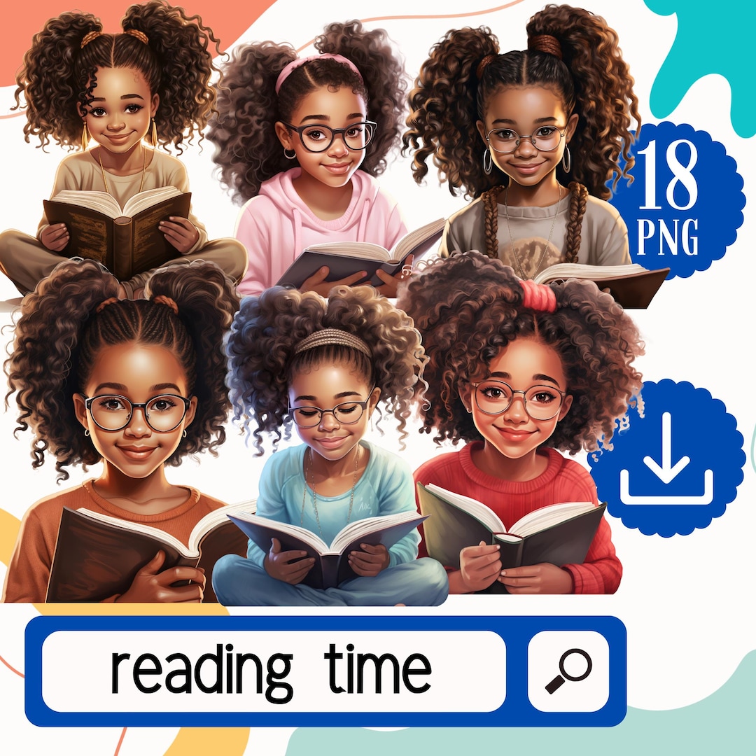 Black Girls Reading. 18 Black Kids With Books Clipart. African American ...