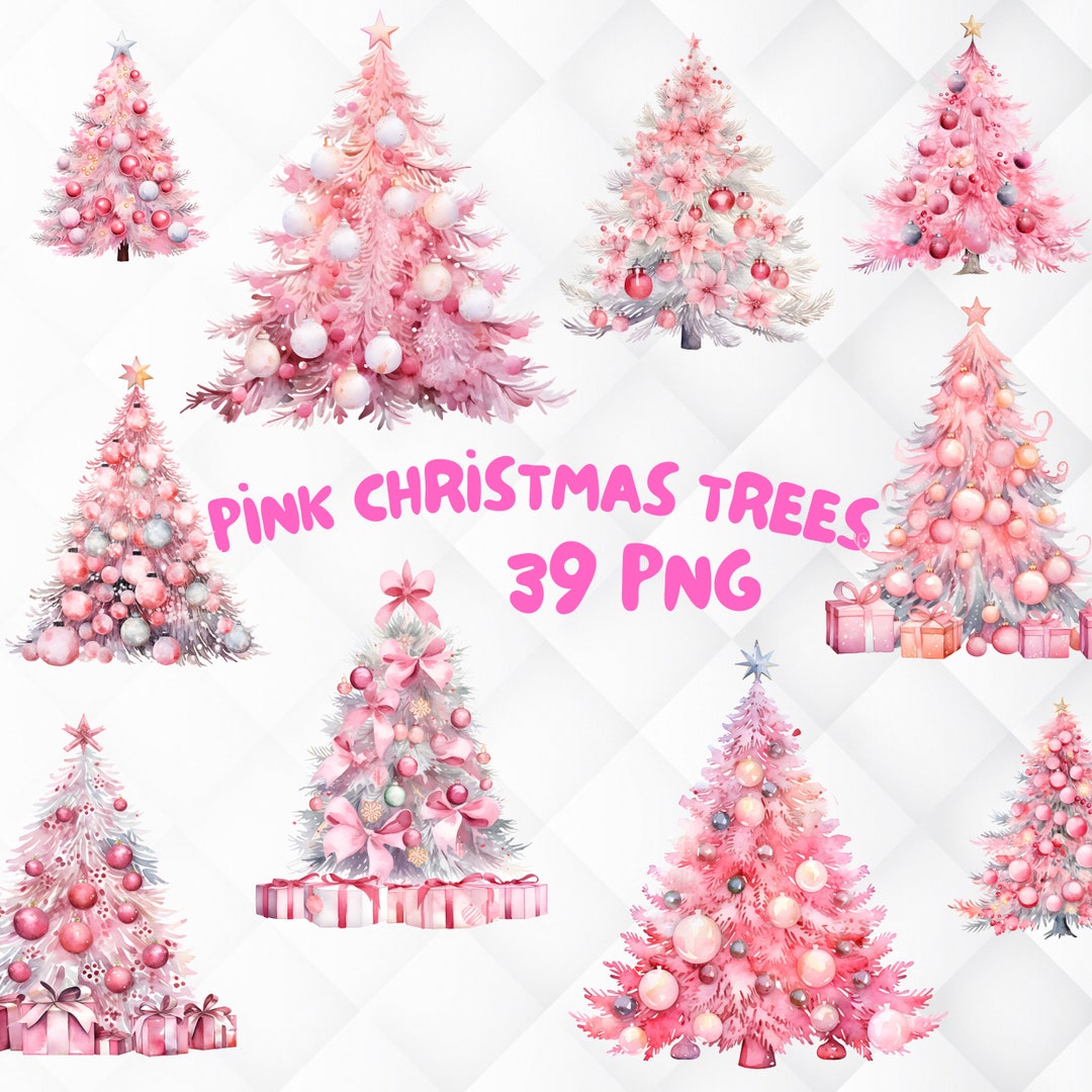 Watercolor Pink Christmas Tree Clipart. 39 PNG Decorated Christmas New ...