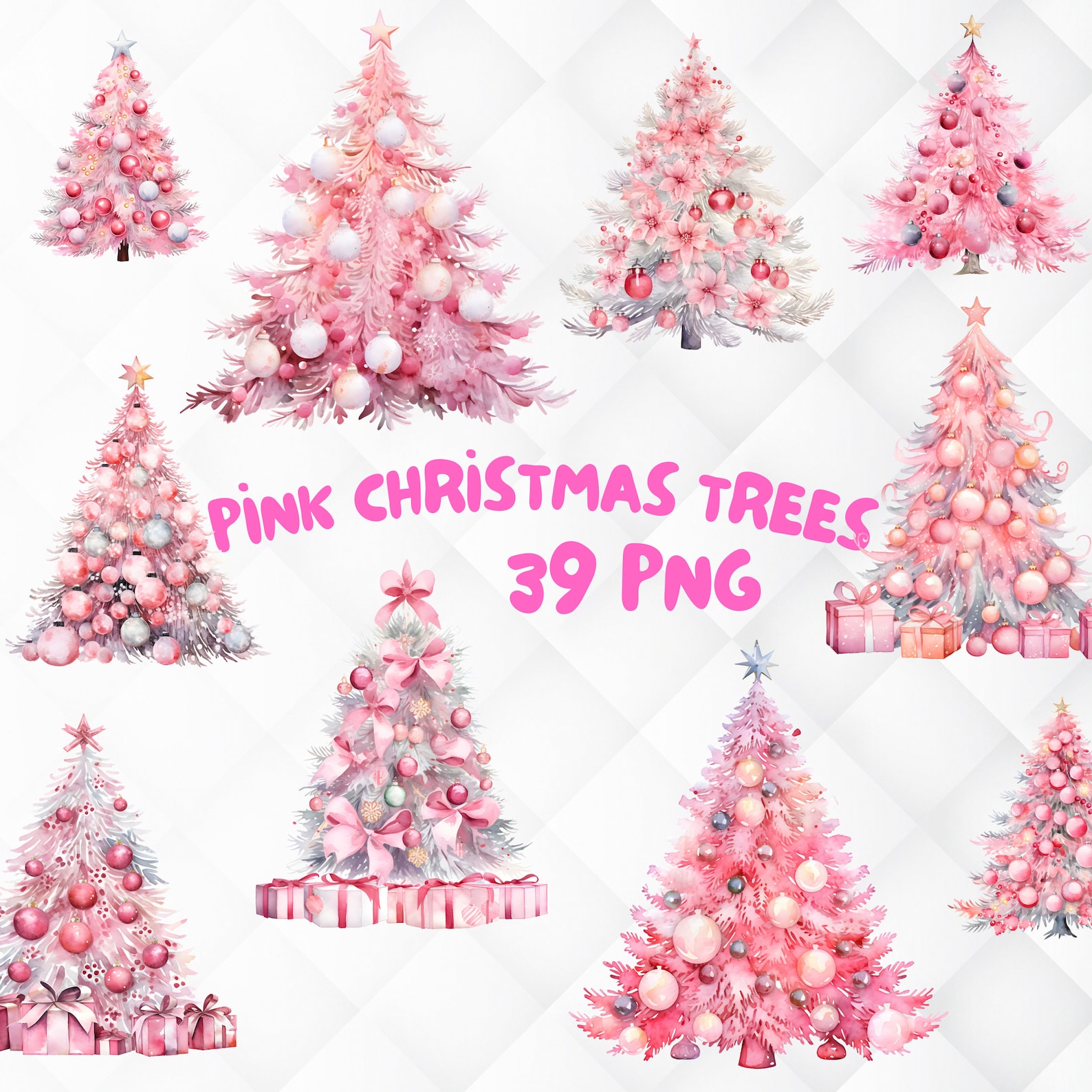 Watercolor Pink Christmas Tree Clipart. 39 PNG Decorated - Etsy