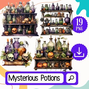 Mysterious Halloween Potions Clipart PNG. 19 Watercolor Halloween ...