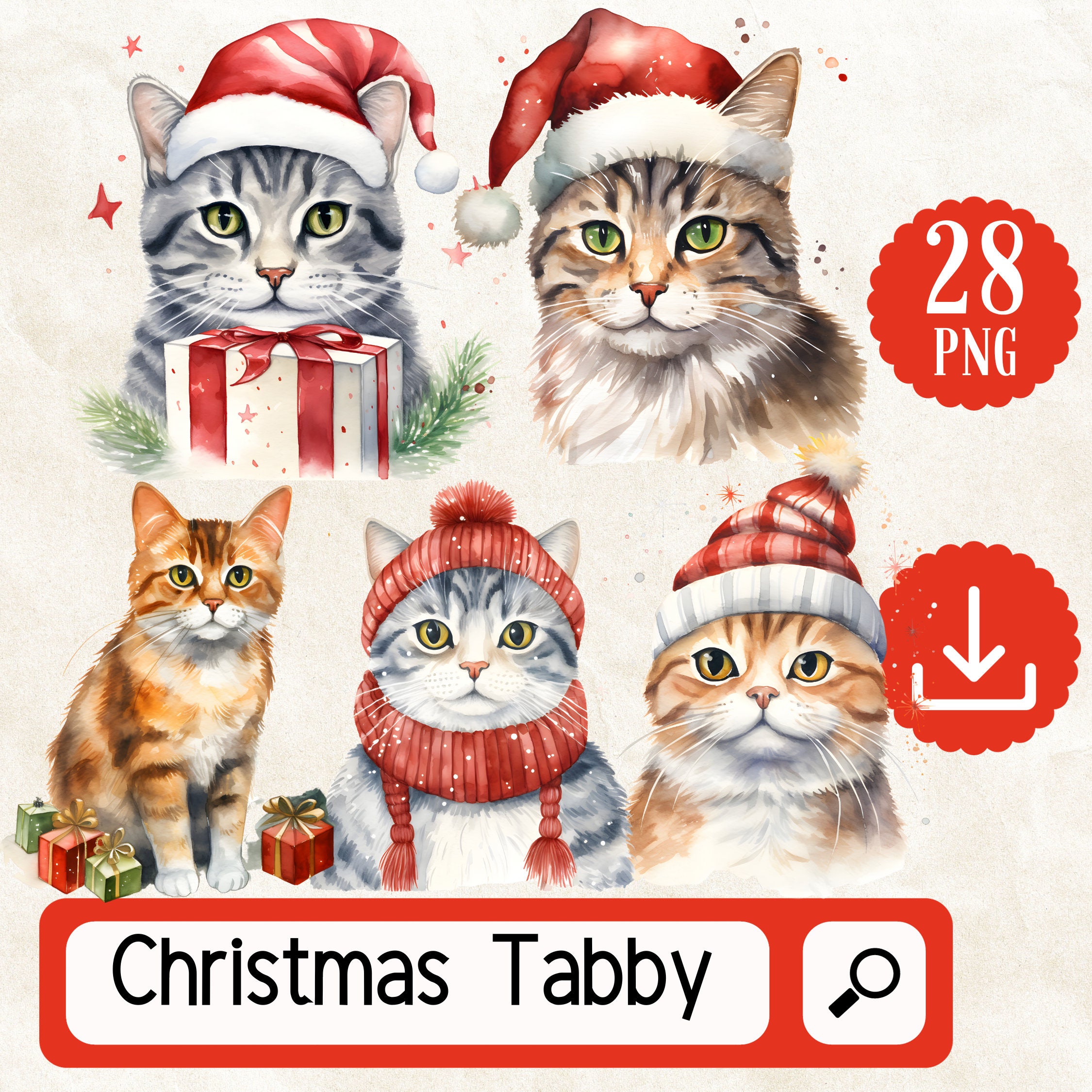 Christmas Tabby Cats Clipart Set. 28 Adorable Watercolor Tabby - Etsy