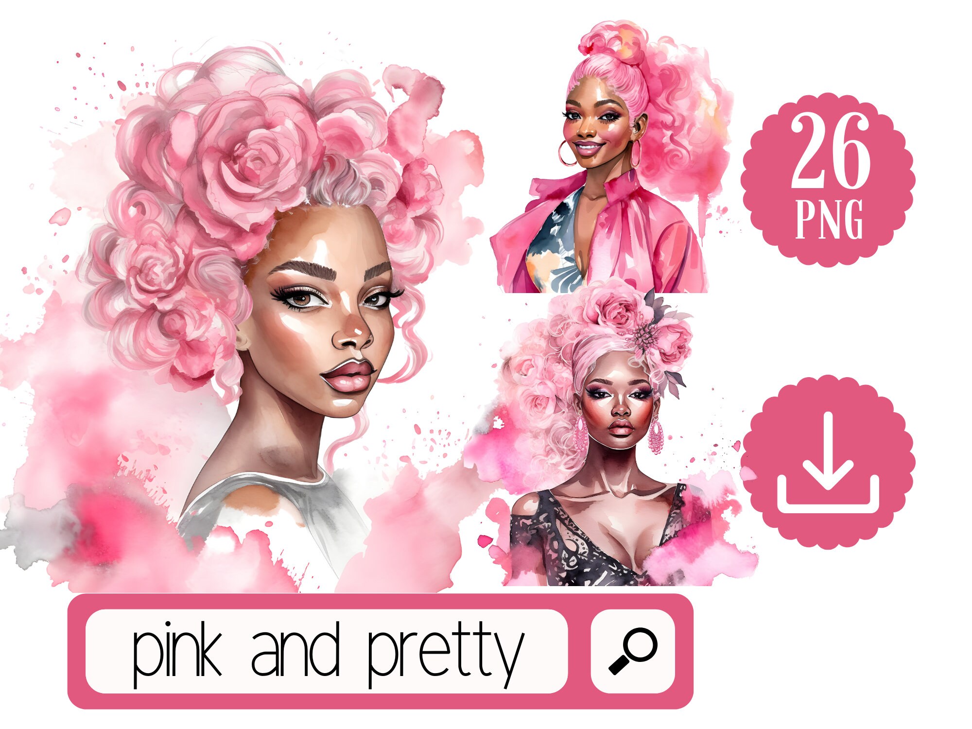 Pink Pretty Black Girls Clipart PNG. Cute Watercolor Black Doll Girls ...