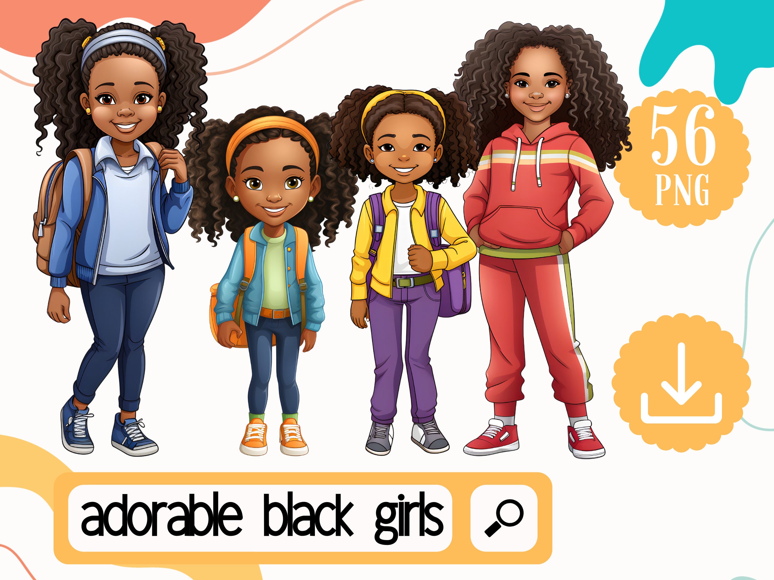 First Day of School Black Girls Png Clipart. 56 African American Girl ...