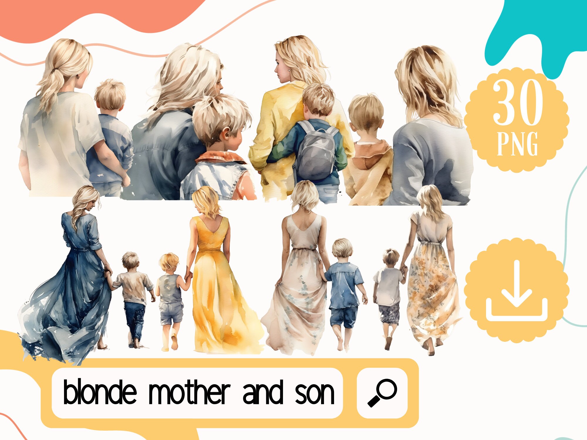 Mothers Day Clipart Blonde Mother and Son Watercolor Clipart PNG. 30 ...