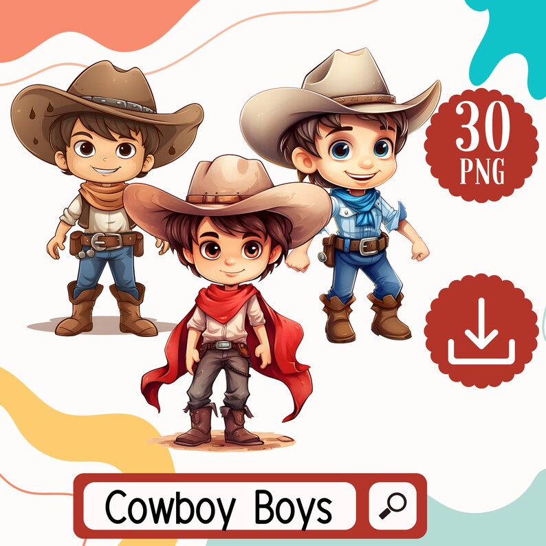 Cute Cowboy Boys Clipart Set. 30 PNG Cowboy Boys for Digital Print and ...