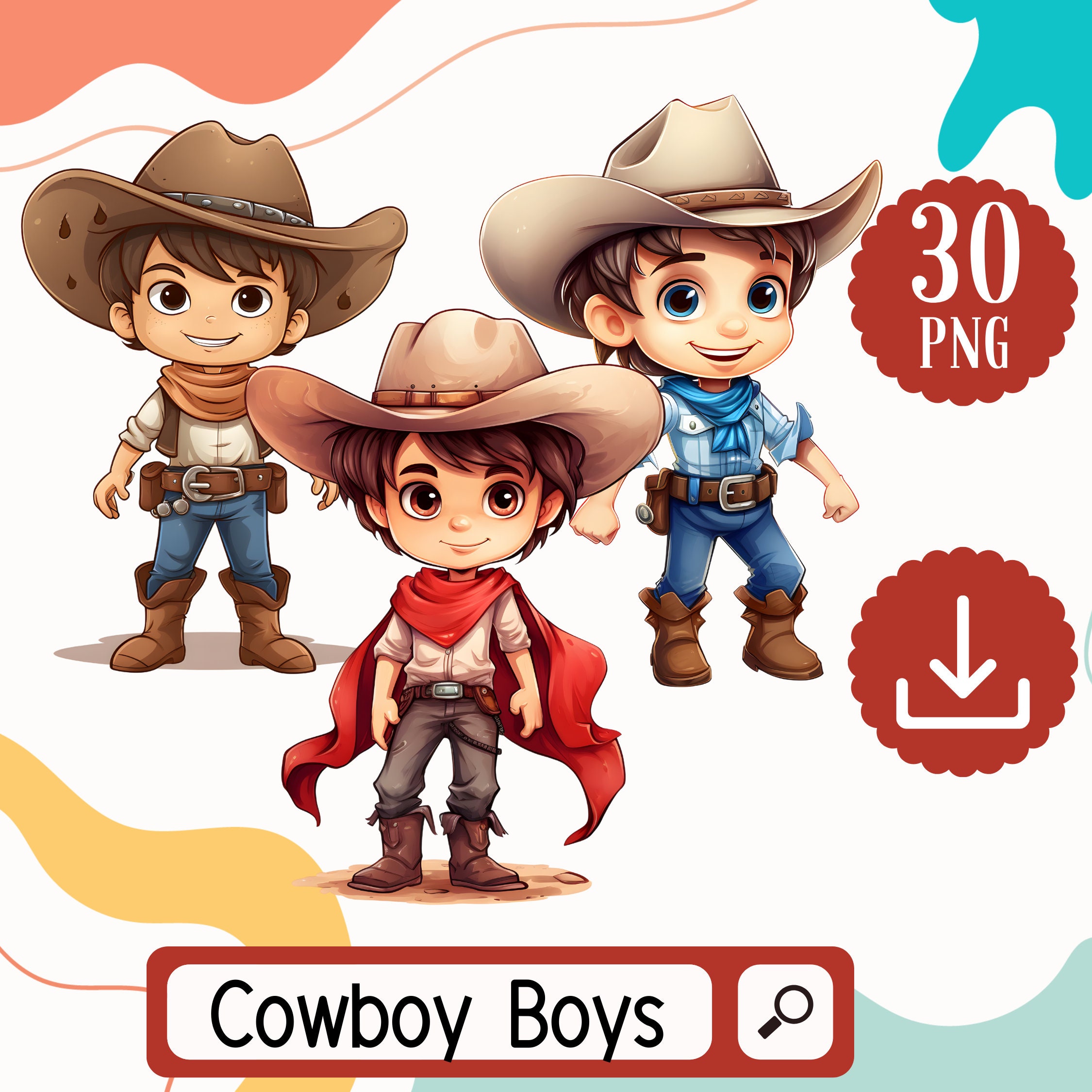 Cute Cowboy Boys Clipart Set. 30 PNG Cowboy Boys for Digital Print and ...