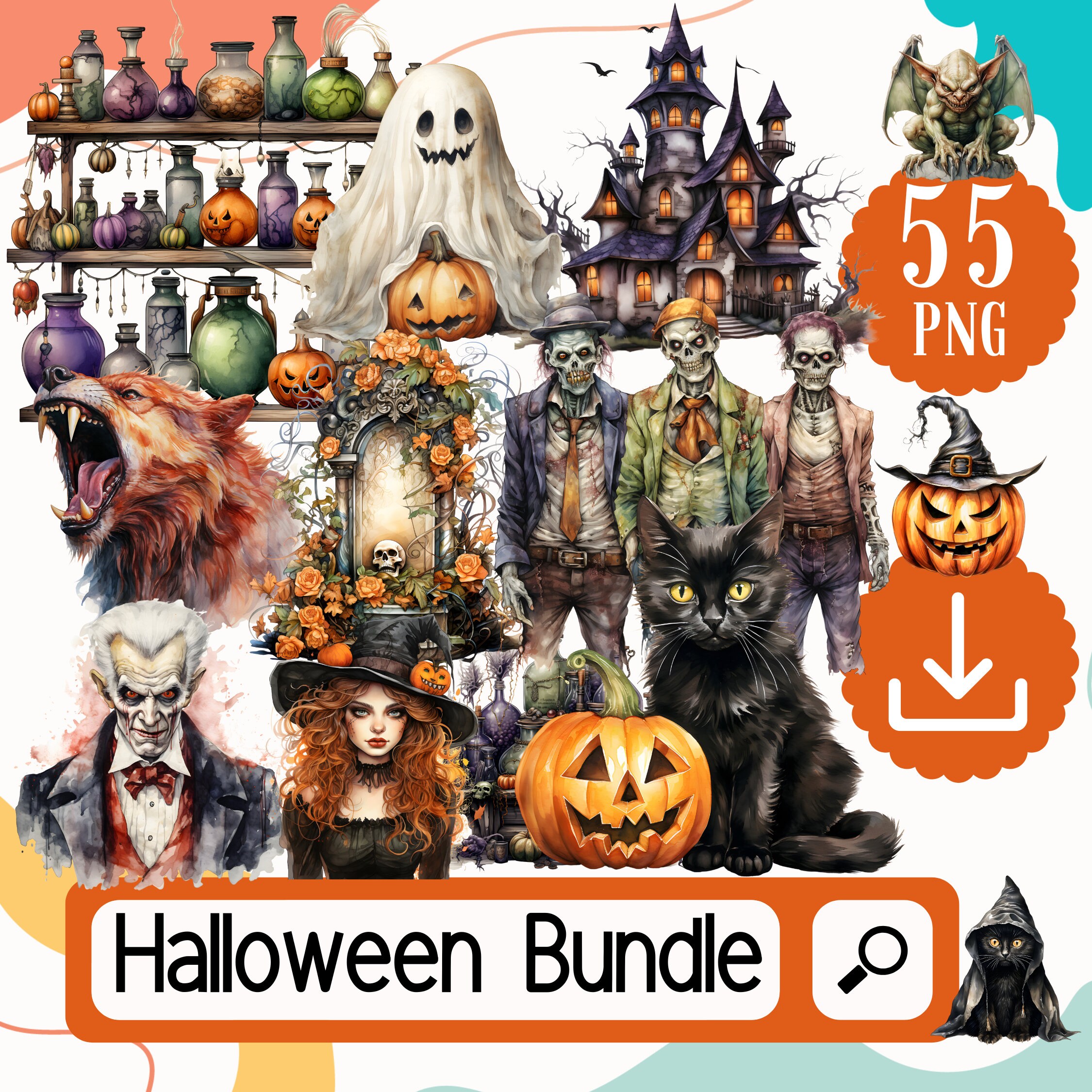 Spooky Watercolor Halloween Clipart Bundle 55 PNG Images for - Etsy