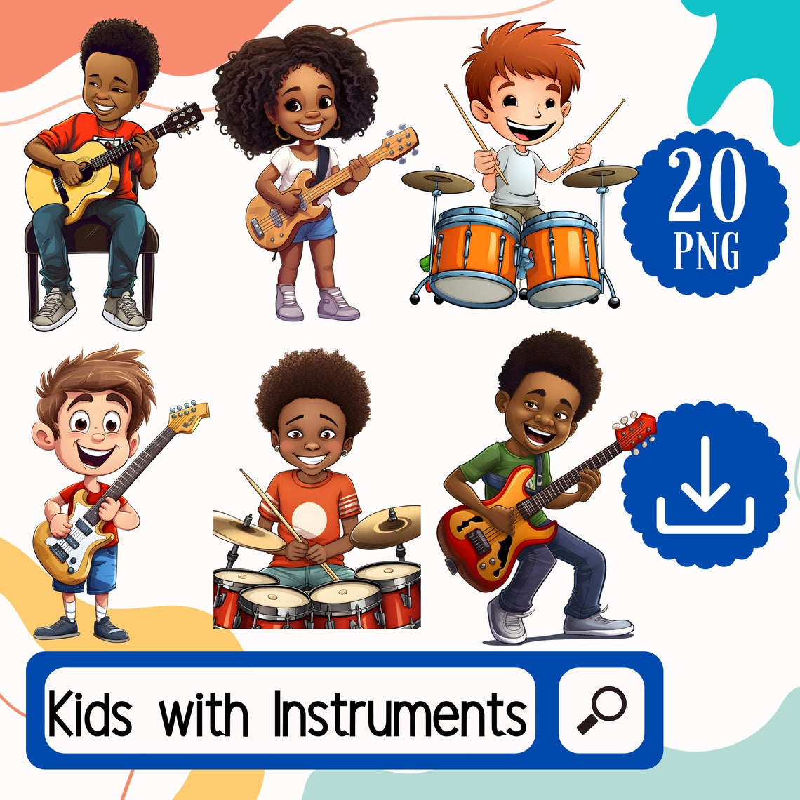 School Kids With Music Instruments Clipart Set - 20 PNG Kids Playing ...