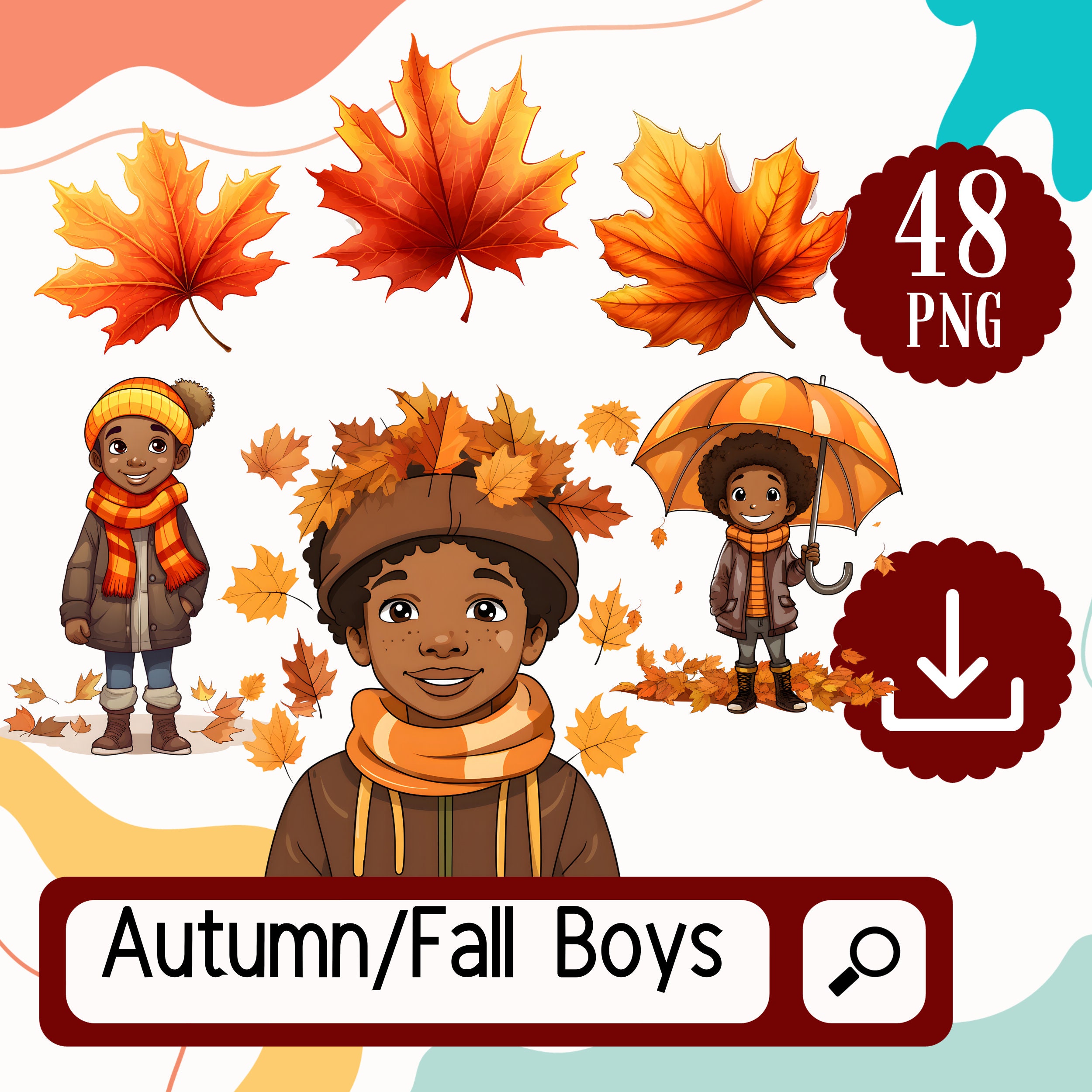 Autumn Fall African American Cute Boys Clipart Set. 48 Black Adorable ...