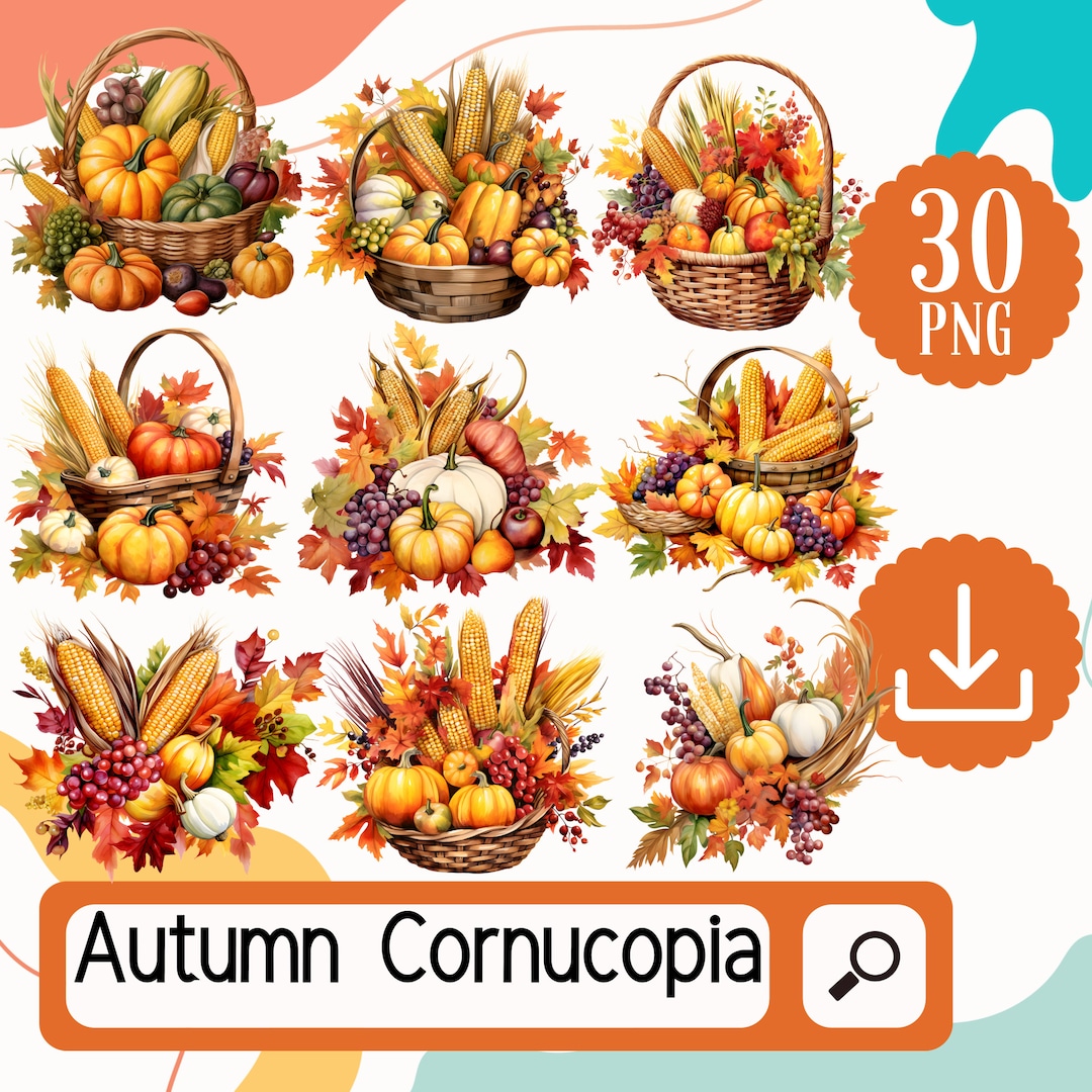 Autumn Cornucopia Clipart Set. 30 Autumn Fall Baskets With Pumpkins ...