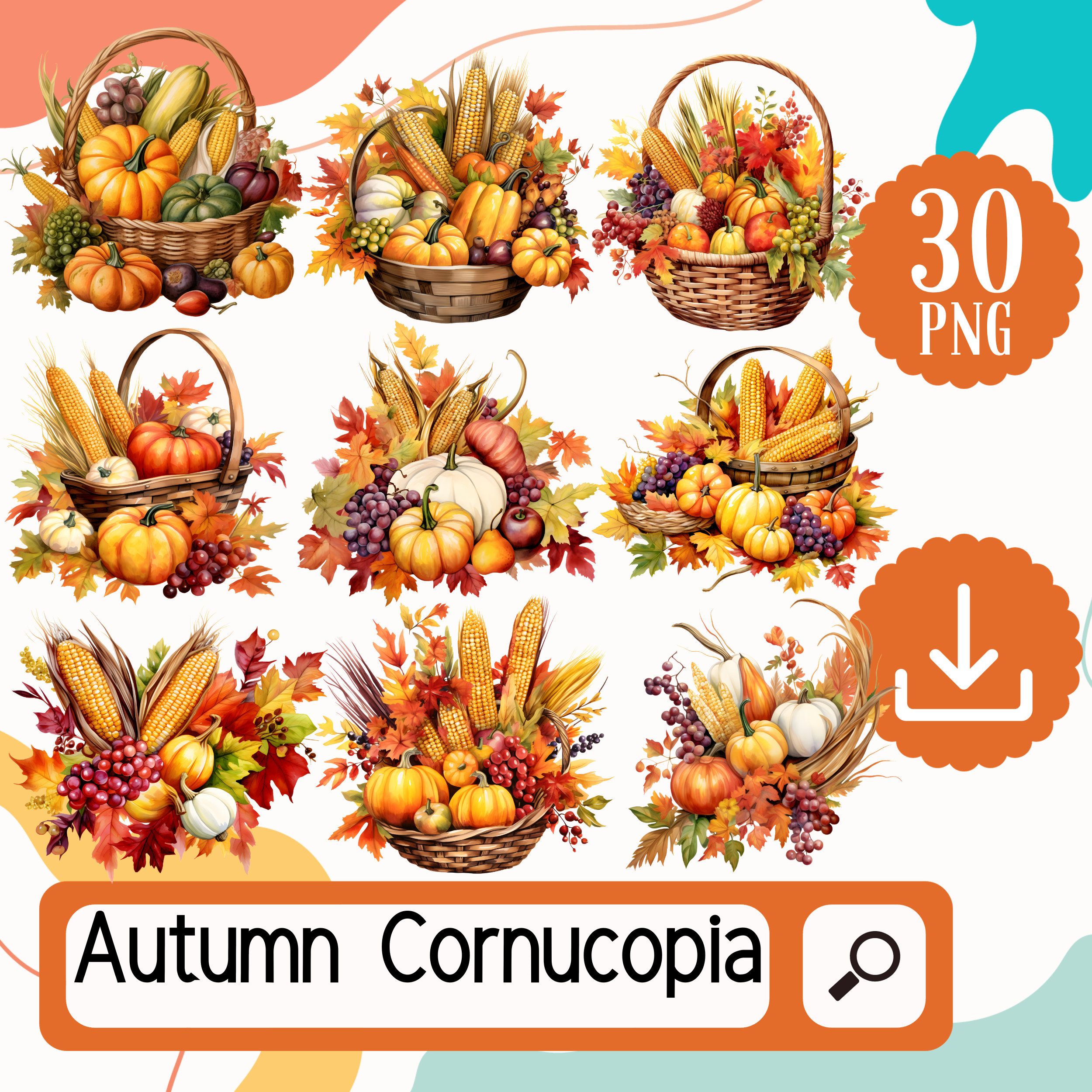 Autumn Cornucopia Clipart Set. 30 Autumn Fall Baskets With Pumpkins ...