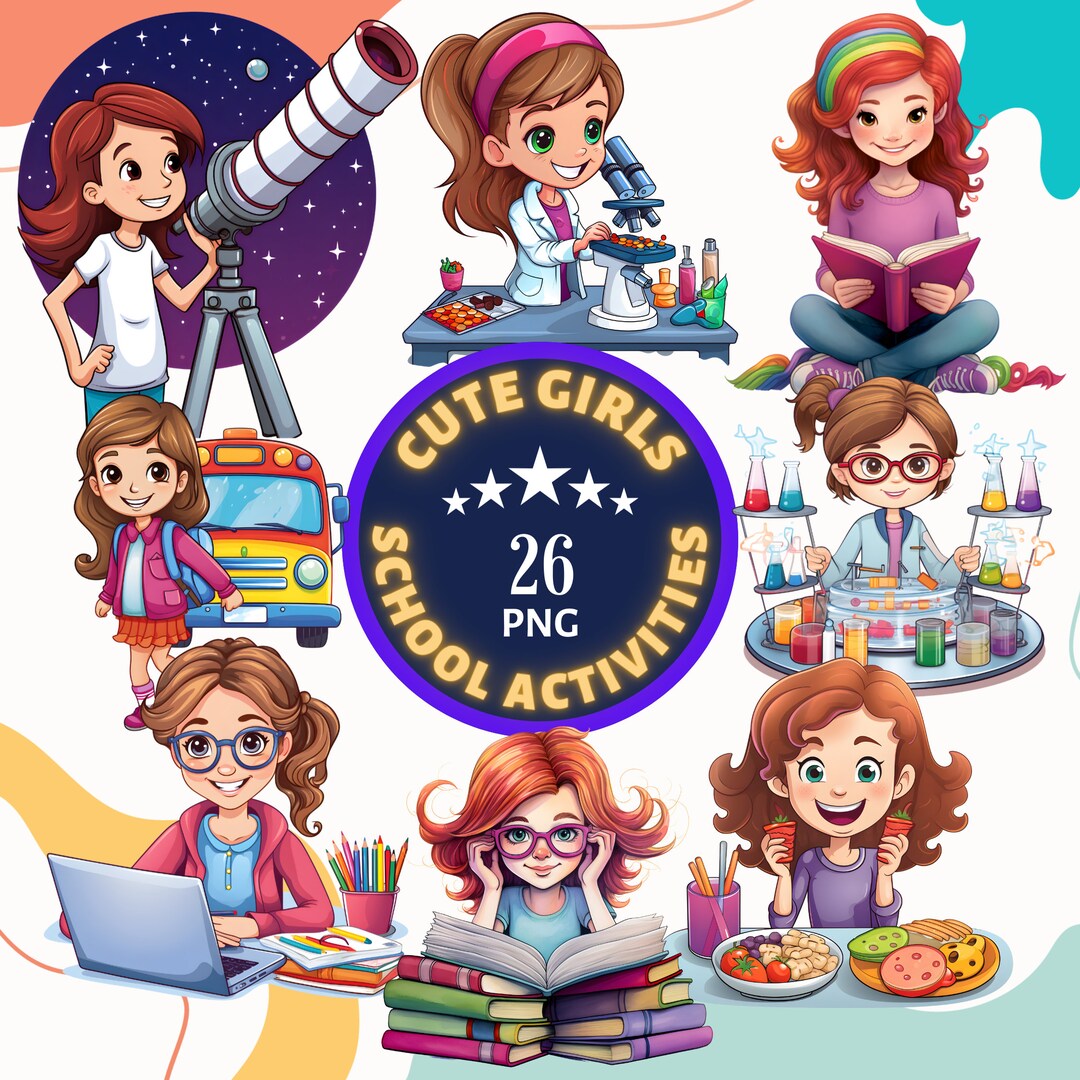 Cute Girls School Activities Clipart Set - 26 PNG Students in Class ...