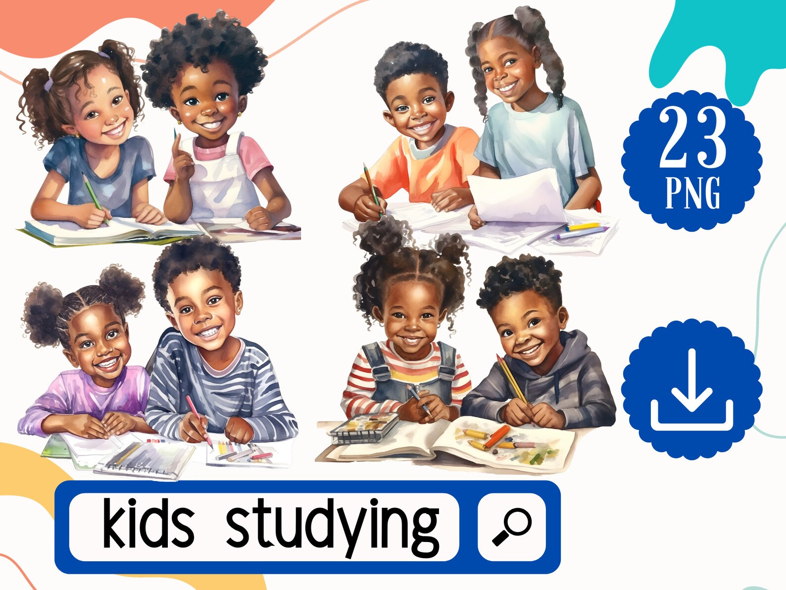 Black Kids Studying Clipart PNG Bundle. 23 Kids Children Clipart ...