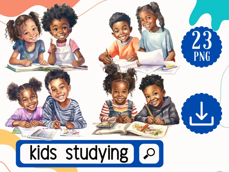 Black Kids Studying Clipart PNG Bundle. 23 Kids Children Clipart ...