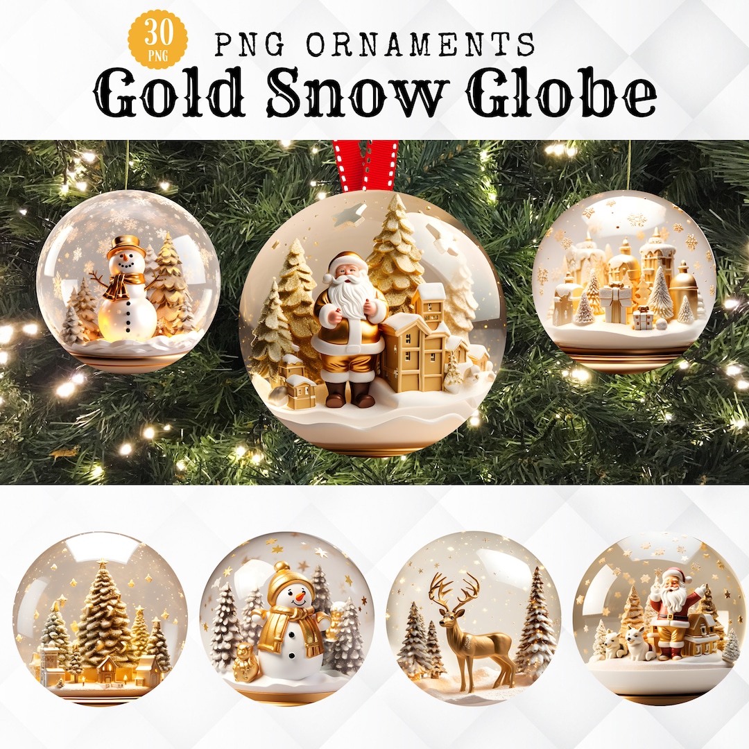 Christmas Gold Snow Globe Ornaments. 30 PNG Circular Gold Christmas ...