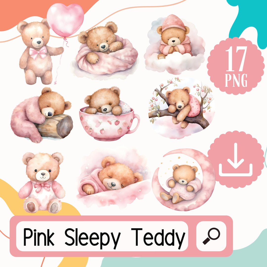 Watercolor Pink Sleepy Teddy Bear Set. 17 PNG Pink Teddy Bear Girls ...