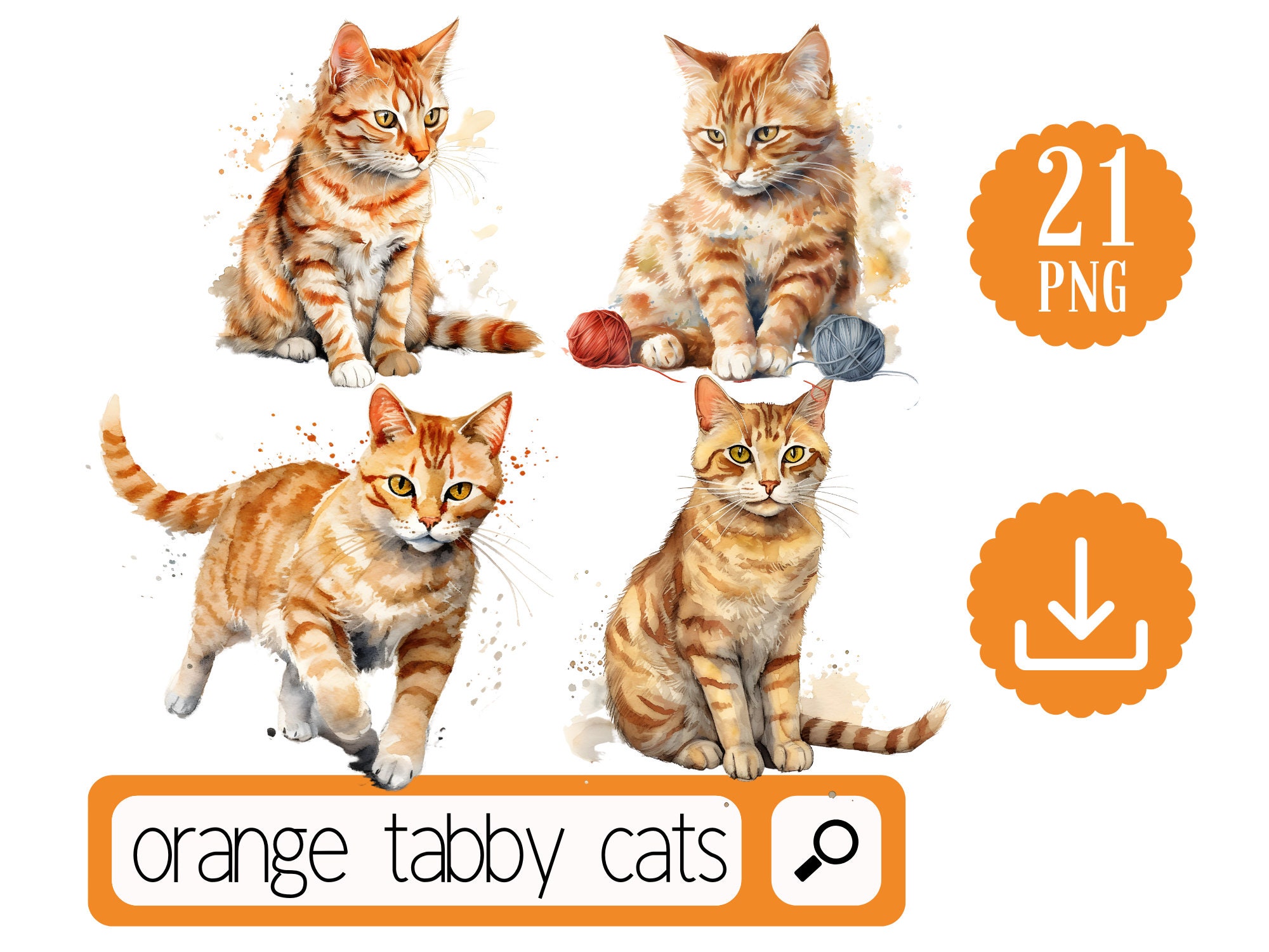 Orange Tabby Cat Clipart Bundle. Orange Watercolor Cat PNG Digital ...