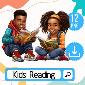 Black Kids Reading Clipart PNG. 12 Boys and Girls Bookworm Black ...
