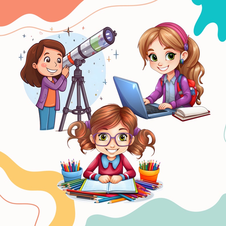 Cute Girls School Activities Clipart Set 26 PNG Students in Class Kids ...