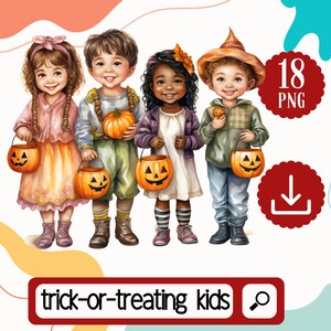 Watercolor Trick or Treating Children PNG Clipart. 18 Halloween Kids ...