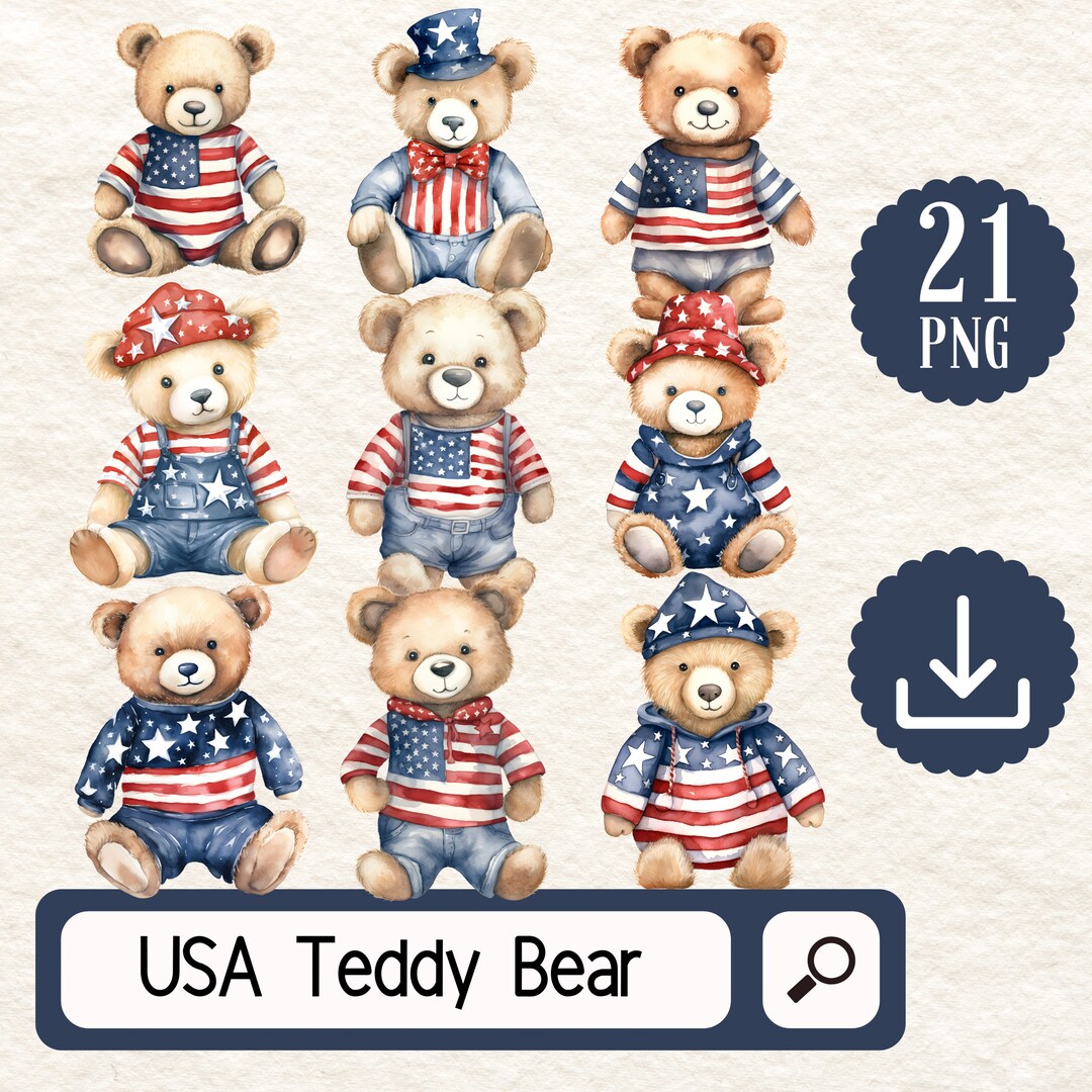 USA Teddy Bear Clipart. 21 PNG Teddy Bear Watercolor. 4th of July ...