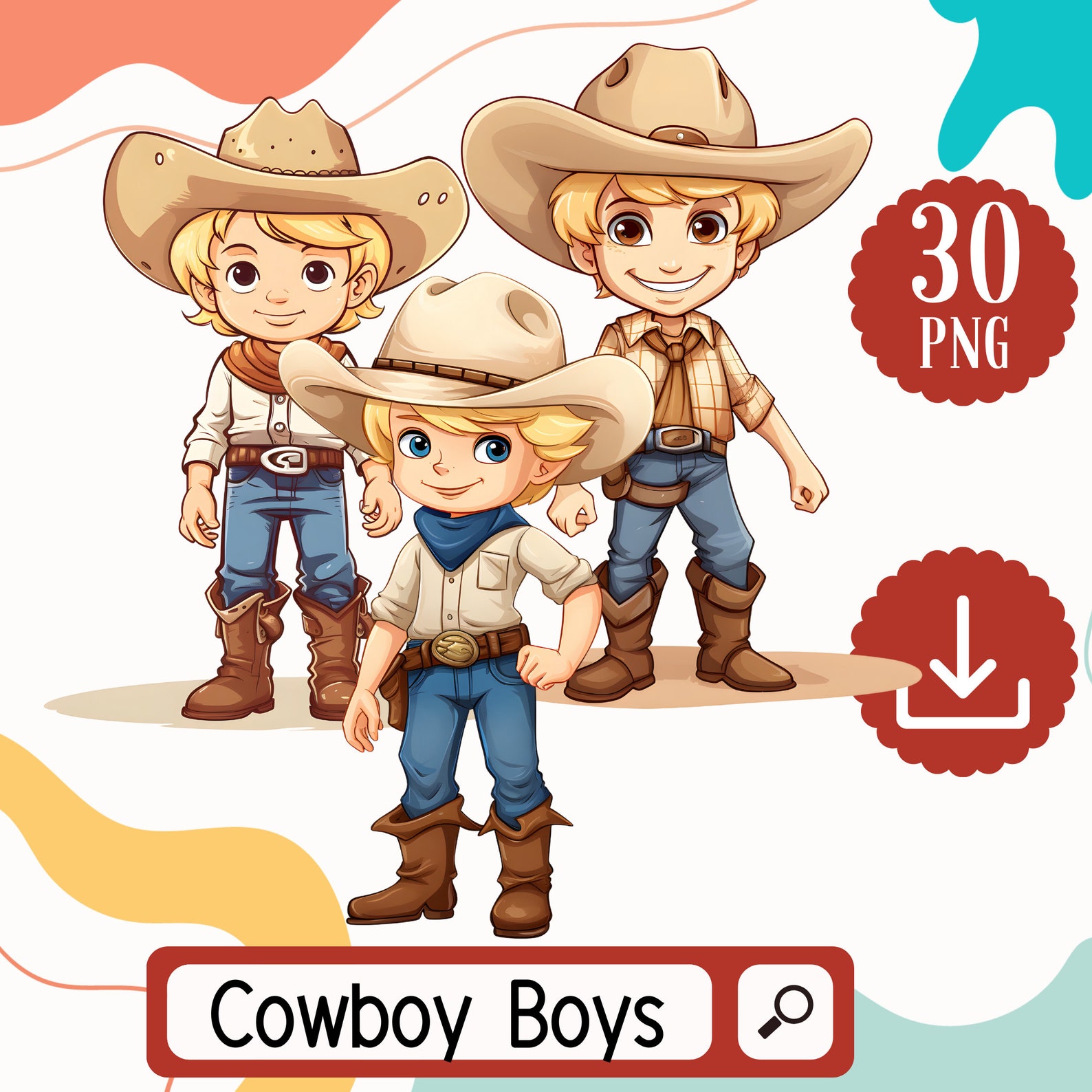 Cute Cowboy Boys Clipart Set. 30 PNG Cowboy Boys for Digital Print and ...