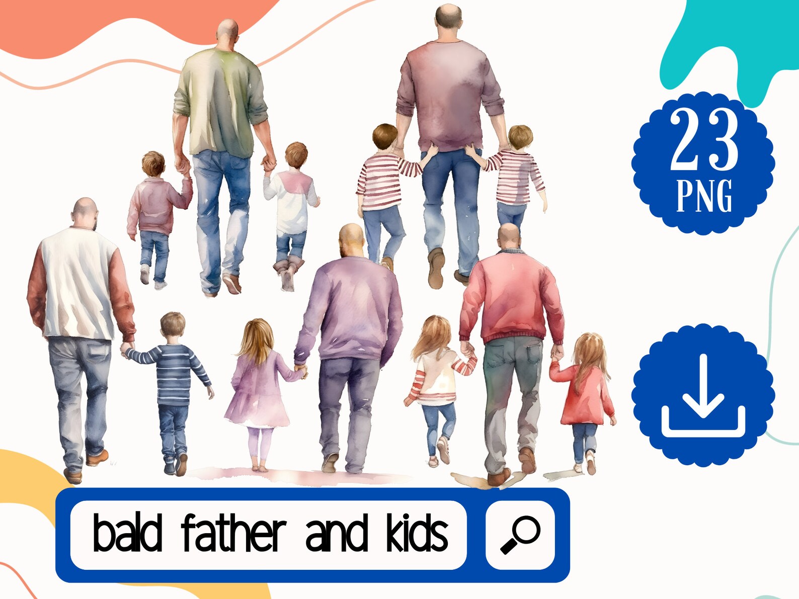 Bald Father and Kids Clipart PNG. 23 Dad and Girl Boy Clipart. - Etsy