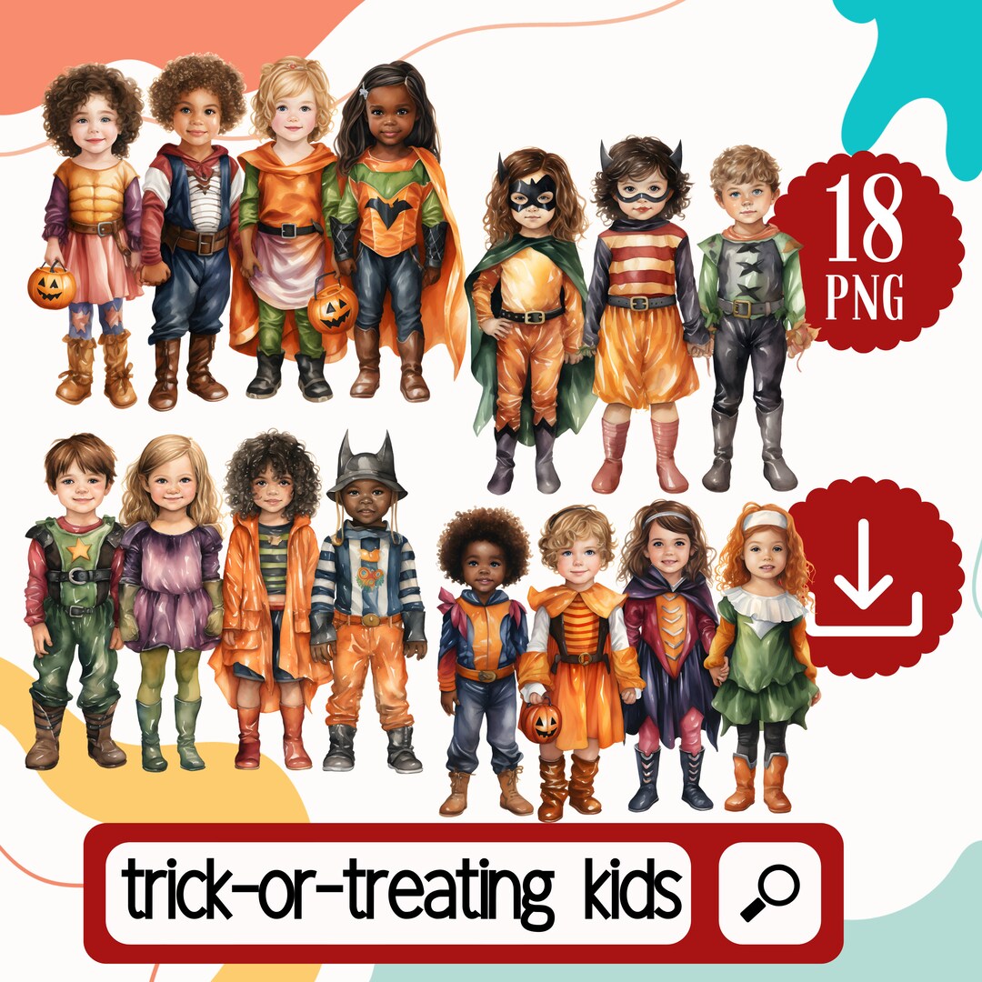 Watercolor Trick or Treating Children PNG Clipart. 18 Halloween Kids ...