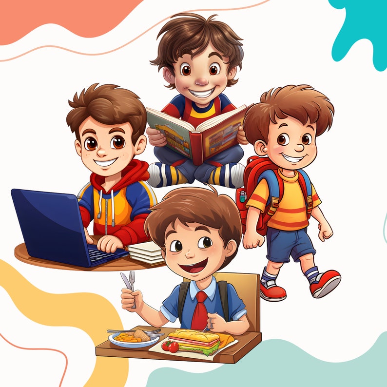 Boys School Activities Clipart Set - 34 PNG Students in Class - Cute ...